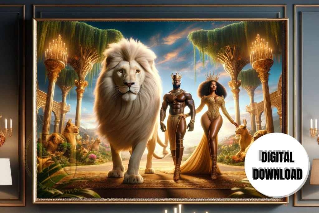 Royal Majesty: African King and Queen with Lion - 36x24 Landscape Prin ...